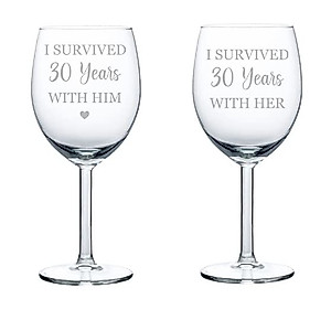 MIP Set of 2 Wine Glass Goblet Gift I Survived 30 Years 30th Anniversary (10 oz)
