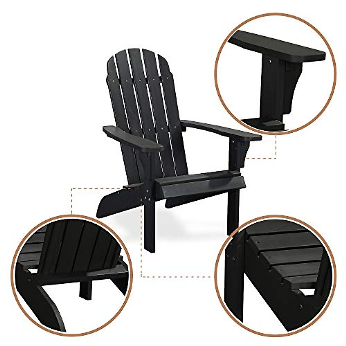 PolyTEAK Traditional Adirondack Chair, Real Wood Look, All Weather Plastic Outdoor Chairs for Firepit, Campfire, Patio, Pool, Easy Assembly with Comfortable Seat for Long Relaxation - Black