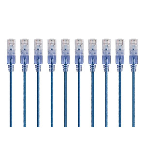 Monoprice Cat6A Ethernet Patch Cable - Snagless RJ45, 550Mhz, 10G, UTP, Pure Bare Copper Wire, 30AWG, 10-Pack, 1 Feet, Blue - SlimRun Series