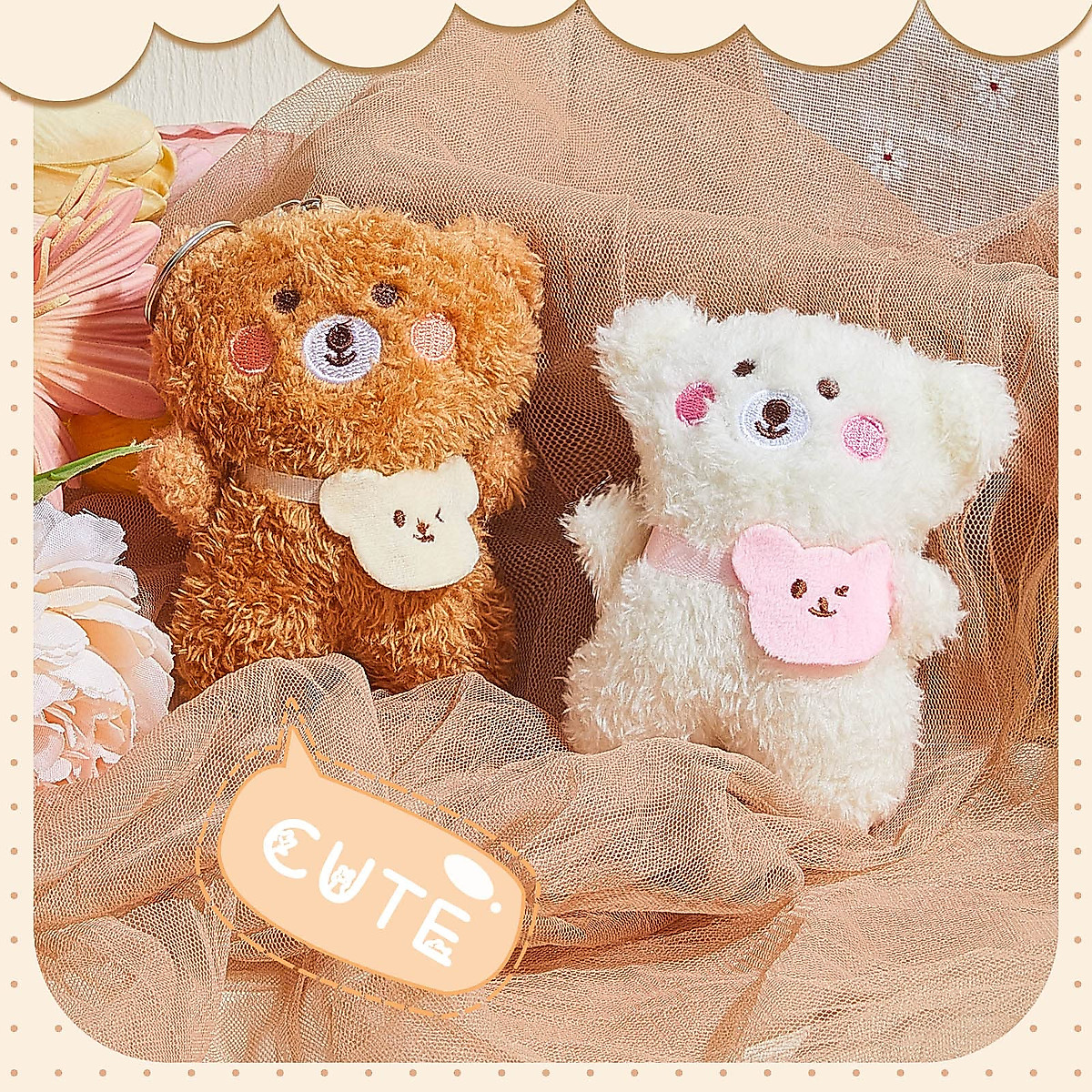 Henoyso 6 Pcs Plush Bear Keychain for Backpacks Aesthetic Stuffed Animal Keyring Pendant Mini Fluffy Cute Keychain Bear Backpack Charms Kawaii Keychain Plush for Birthday Gifts Party Favors, 2 Colors