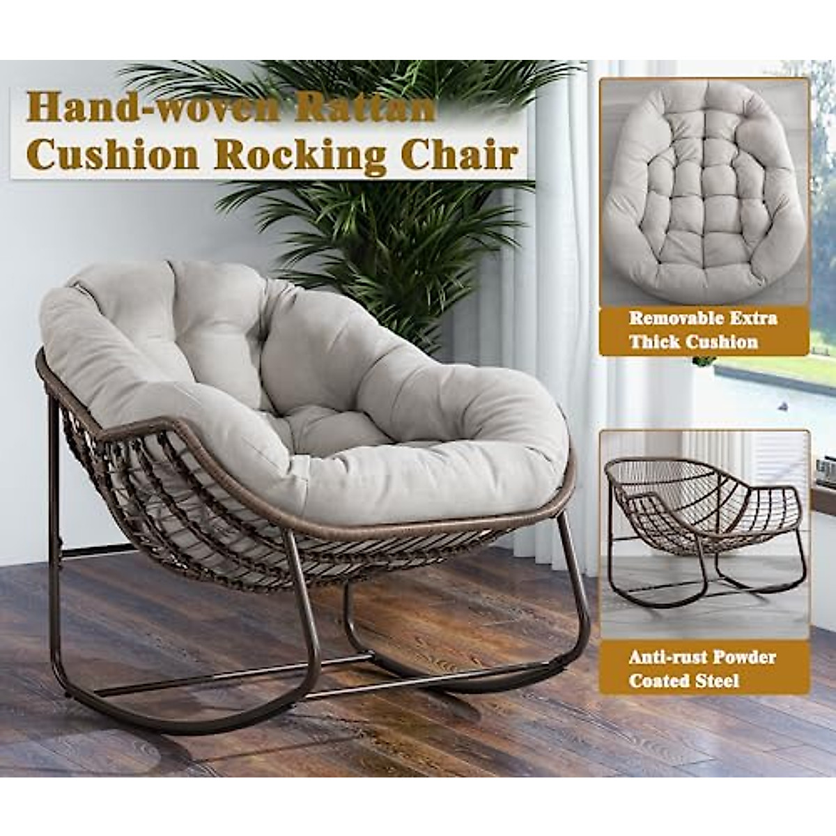 Lin-Utrend Outdoor Patio Rocking Chair,Oversized Egg Rocking Chair,Comfy Wicker Rocker Recliner Chair,Modern Lounge Chair for Living Room Patio,Balcony,Front Porch,Garden(Beige)