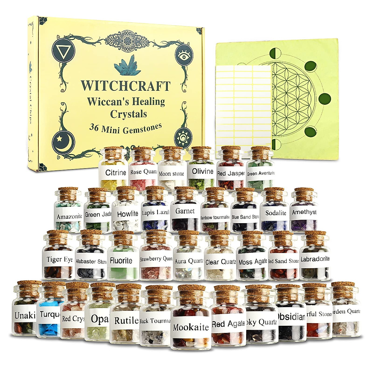 AMill 36 Bottles Nature Crystal Chips, Small Crystals for Witchcraft & Healing, Mini Gemstones Set for Wiccan Rituals and Spell Jars, 36 Bottles Crystals & Healing Stones for Altar Rituals.