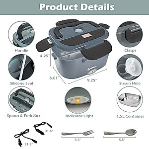 PHIWILLS 80W Electric Lunch Box 1.5L Container Food Warmer Heater, 12V/24V/110V Heated Lunchbox for Car/Truck/Work with 0.45L Compartment, Stainless Steel Spoon & Fork, Insulated Bag
