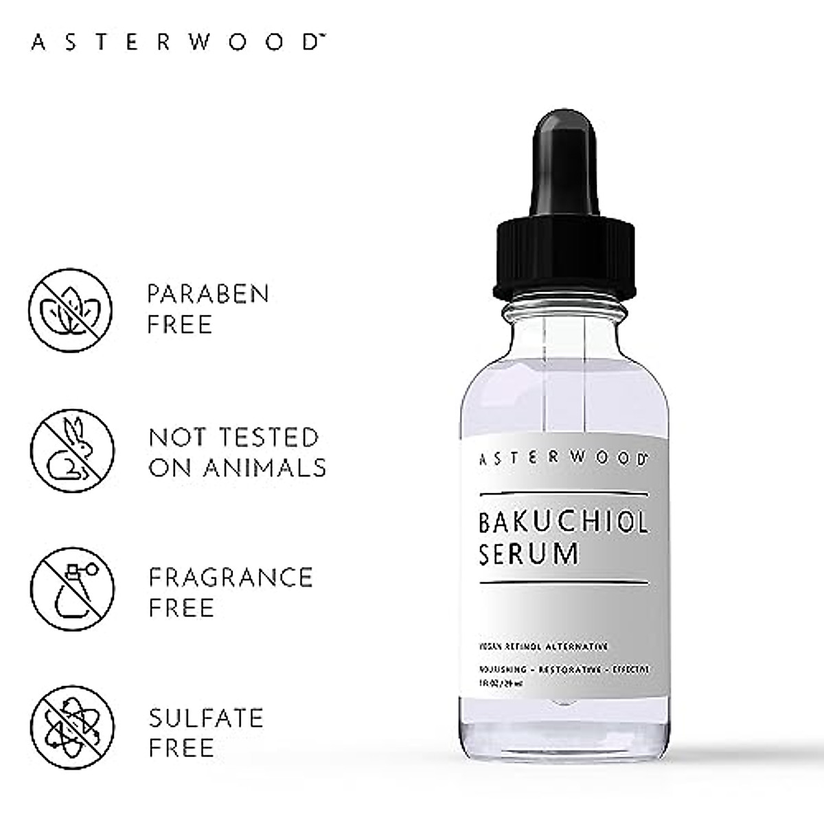 Asterwood Bakuchiol Serum for Face; Retinol Alternative, Hydrating Facial Skin Care Product, Plumping Anti-Aging Face Serum, Anti-Wrinkle Serum 29ml/1 oz