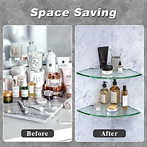 Corner Glass Shower Caddy 2 Pack 8MM-Thick Tempered Glass Shelf No Drilling Wall Mount Corner Mounted Shelves Space Saver Adhesive Bathroom Home Shelf Shampoo Holder Organizer Strong Adhesion
