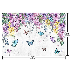 ABLIN 7x5ft Spring Butterfly Photography Backdrop for Birthday Baby Shower Party Decorations Purple Flowers Wood Background Wedding Photo Backdrop Shoot Props (CQ236)
