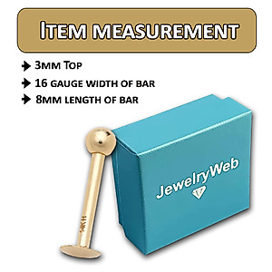 JewelryWeb Solid 14k Yellow or White Gold 16G 3mm Ball Labret Tragus Ear Lip Cartilage Stud Piercing (Yellow-Gold)