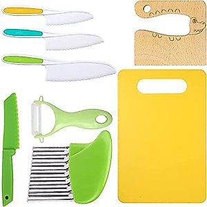 Leking 8 Pcs Wooden Kids Kitchen Knife, Plastic Kids Knife Set Include Wood Kids Safe Knife, Serrated Edges Plastic Toddler Knife, Plastic Potato Slicers, Sandwich Cutter, Y Peeler and Cutting Board