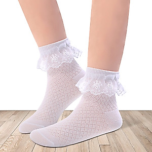 Looching 4/5 Pair Baby Girls Eyelet Ruffle Cotton Lace Socks White Princess Dress Socks For Toddler Kids Child 1-10 Years (as1, age, 8_years, 10_years, White)