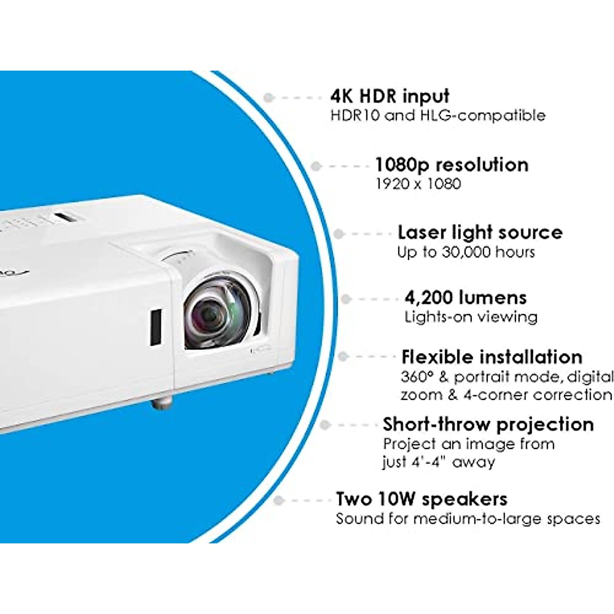 Optoma ZH406STx Short Throw Full HD Professional Laser Projector | DuraCore Laser Technology | High Bright 4,200 Lumens | 4K HDR Input | Four Corner Image Adjustment | Network Compatible