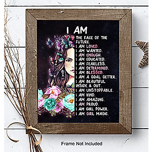Teen Girls Bedroom Wall Art - Positive Quotes - I Am Tween Little Girls Bedroom Decor - Cute Daughter Gifts - Inspirational Sayings for Wall Decor - Positive Affirmations Wall Decor Poster 8X10