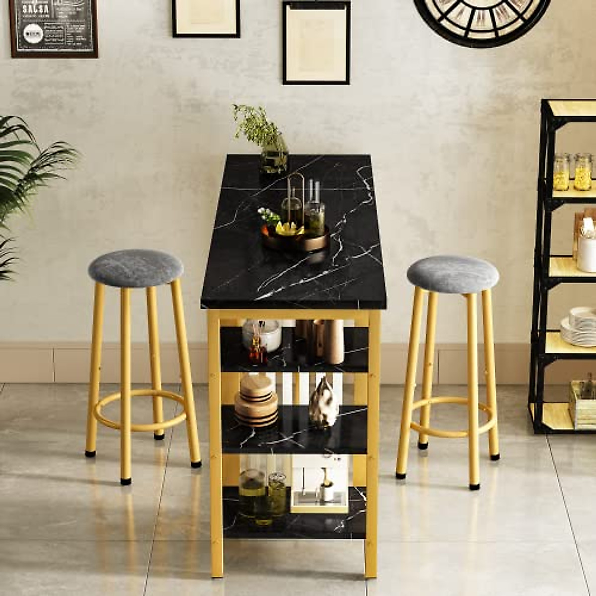 AWQM Bar Table Set with Storage Shelves, 47" Modern Black Faux Marble Breakfast Table with 2 Velvet Stools, 3-Piece Dining Set for 2, Space Saving Table for Kitchen/Dinning Room/Living Room/Studio