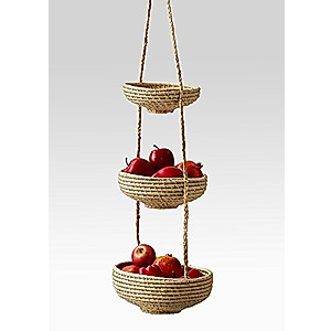 Serene Spaces Living Hanging Raffia Baskets for Your Kitchen – 3 Fair Trade Handmade Decorative Storage Baskets from Madagascar for Fruit and Vegetables