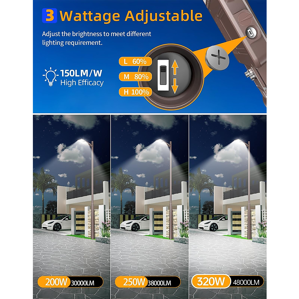 LED Parking Lot Lights 320W 250W 200W, LED Shoebox Light 5000K Adjustable Arm Mount, UL Listed Outdoor Pole Light with Photocell, IP65 Waterproof Commercial Street Area Lighting 100-277V (2 Pack)