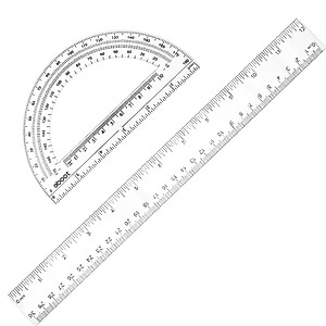 Zonon 2 Pack 12'' Plastic Ruler and 6'' Plastic Protractor Set Clear Ruler Protractor Set Math Geometry Supplies for School Classroom Home Office Drawing(Clear)