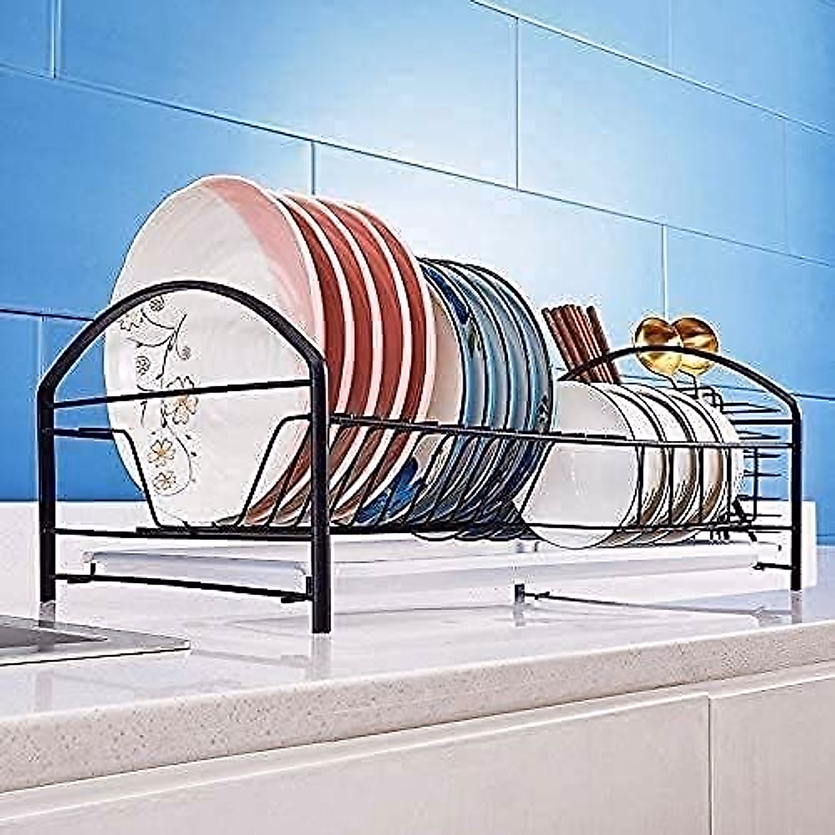 Plate Rack Dish Drainer Rack Rust Proof Stainless Steel Organization Shelf Kitchen Drainer Utensil Holder with Drain Board Pan Plate Holder (Color : Black, Size : 48.5x26x19cm)