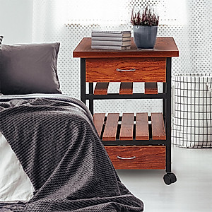 Livebest Rolling Wooden End Table Beside Cabinet,Nightstand Dresser Storage Organizer Unit with 2 Drawers for Bedroom Living Room