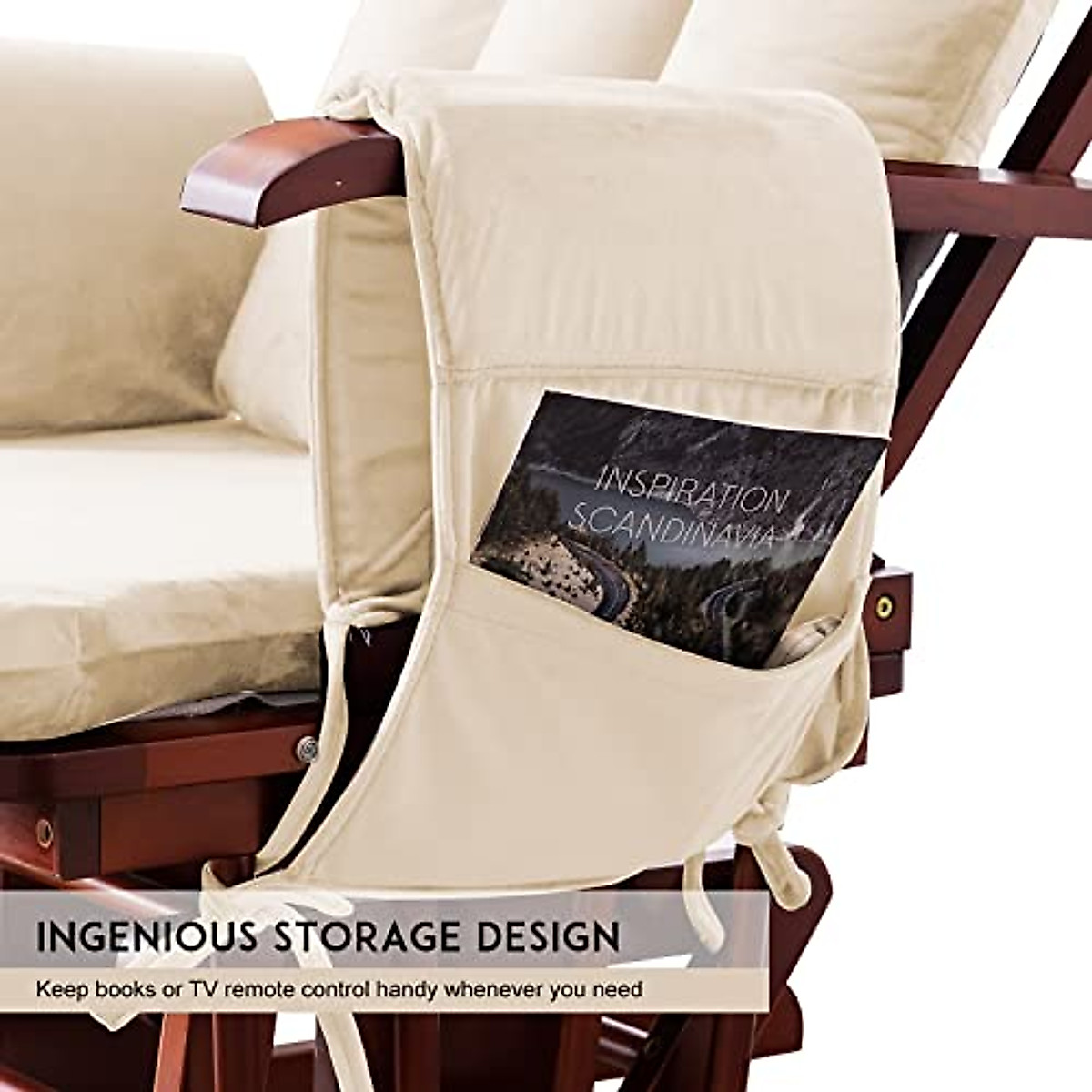 Paddie Glider Rocker Replacement Cushions Set with Storage Velvet Washable Non Slip for Glider Rocking Nursery Chair, 5PCS, Beige