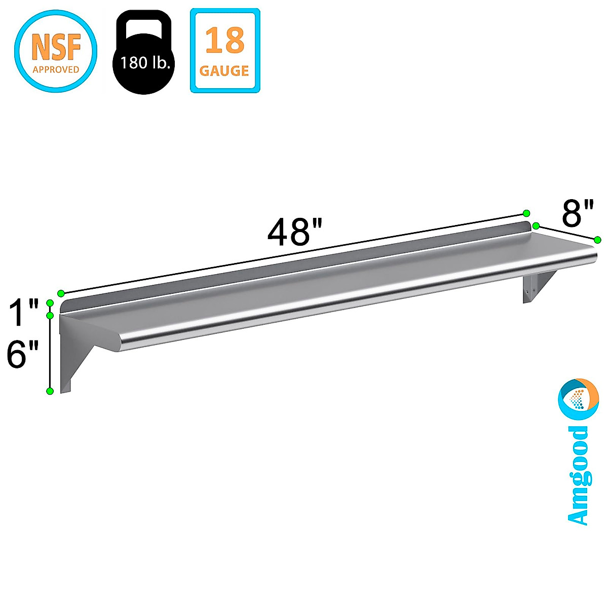 AmGood 8" X 48" Stainless Steel Wall Shelf | Metal Shelving | Garage, Laundry, Storage, Utility Room | Restaurant, Commercial Kitchen | NSF