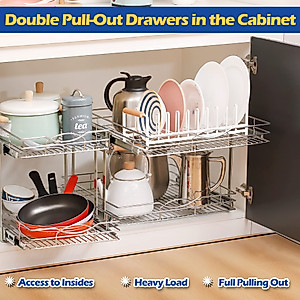 SIMCAS 2 Tier Individual Pull Out Cabinet Organizer 20" W x 21" D, Slide Out Kitchen Cabinet Storage Sliding Shelves, Heavy-Duty Wire Basket for Pantry Kitchen Cabinet Organizers and Storage, Chrome