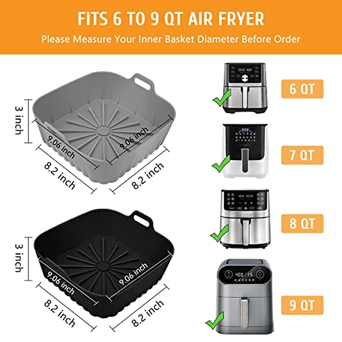 Air Fryer Silicone Liners 9 Inch Reusable Air Fryer Reusable Basket For 6 to 9QT, 2 PCS Square Air Fryer Pot Insert for Oven Microwave Accessories