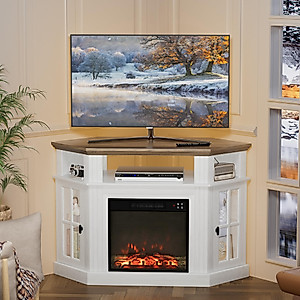 Furmax Fireplace Corner TV Stand for TV Up to 55 Inch, Modern TV Console with 18 Inch Electric Fireplace, Entertainment Center with Open Shelf and Storage Cabinets for Living Room, Antique White