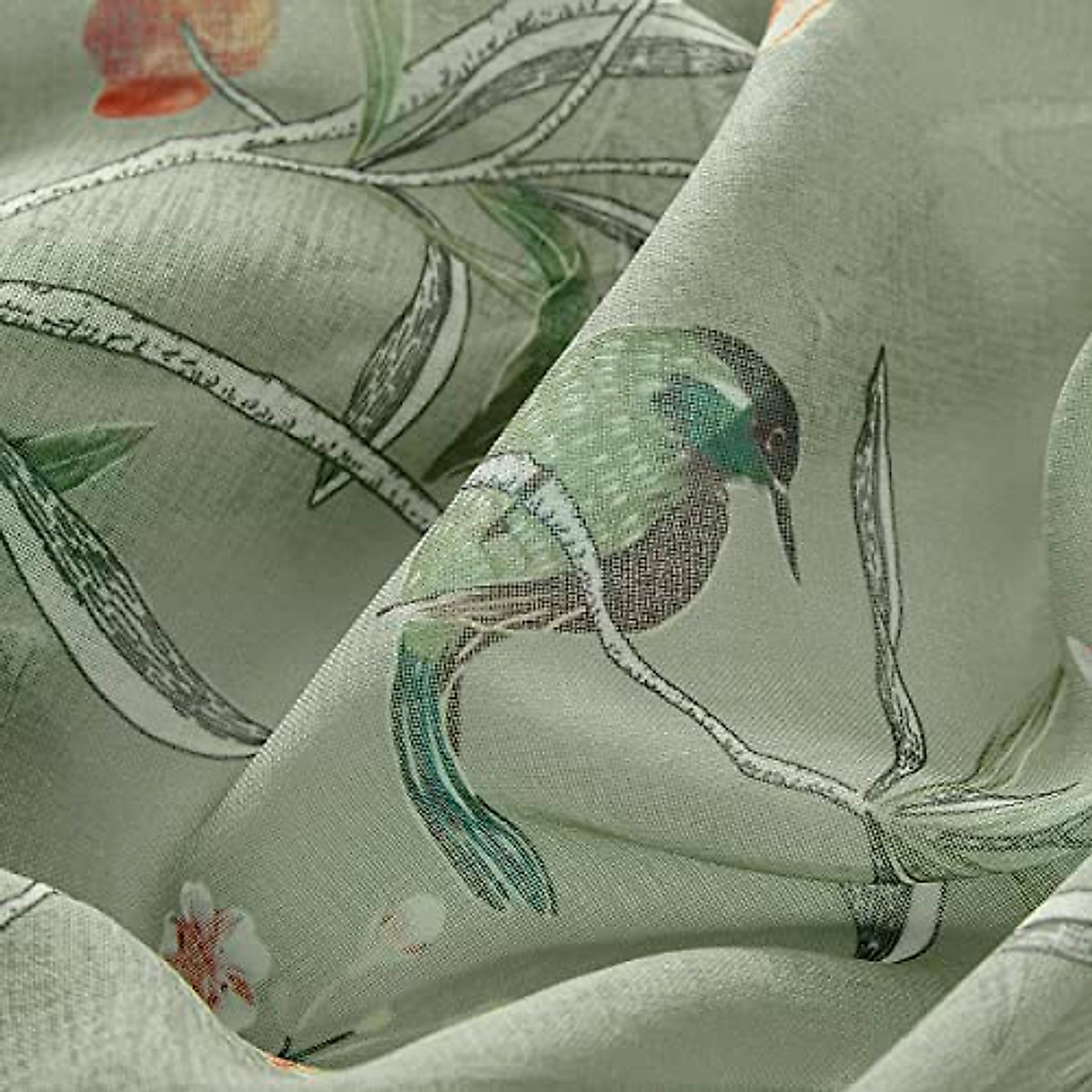 XTMYI Sage Green Curtains 84 Inch Length for Living Room 2 Panels Set Spring Design Printed Pattern Floral Bird Leaf Sheer Window Curtain Panels for Bedroom 84 Inches Long,Light Green