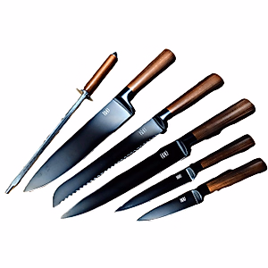 Knife Set with Block, KAV 7pc Kitchen Knives and Sharpening Rod, Stainless Steel Knife Set in High Carbon Matte Black, Chef's Slicing Bread Utility Knifes, Modern Wooden Block Open Face