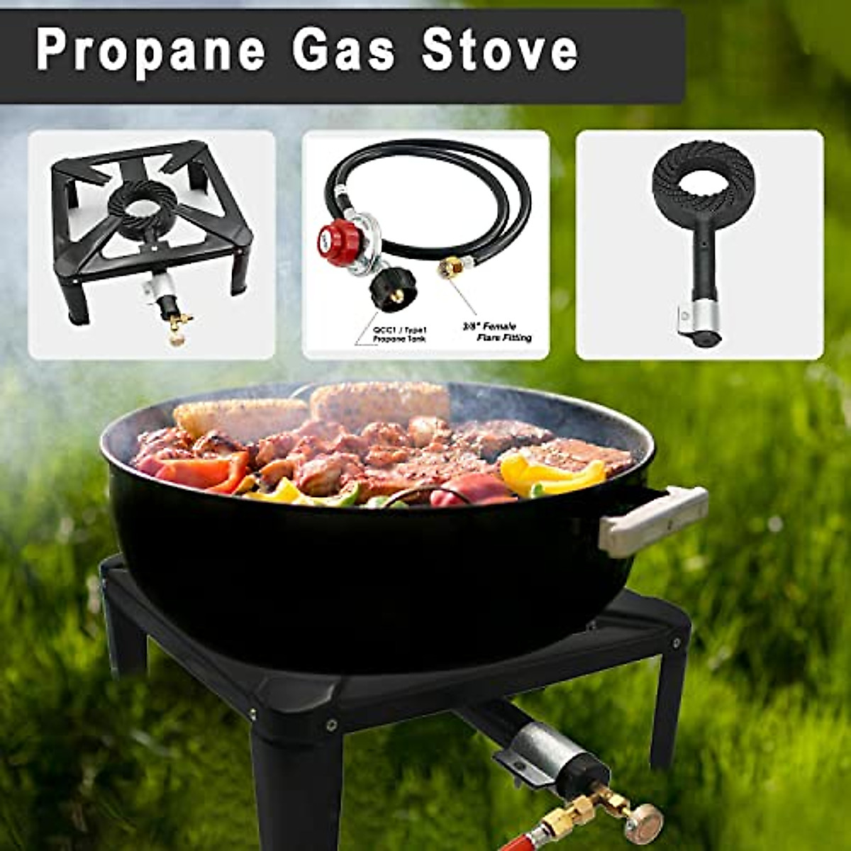 Camping Stove - Portable Propane Stove Burner Gas Cooker, with Adjustable 0-20PSI Regulator Hose, Heavy Duty Iron Cast Gas Boiling Ring BBQ Grill with Detachable Legs for Camp Patio RV Cooking Outdoor