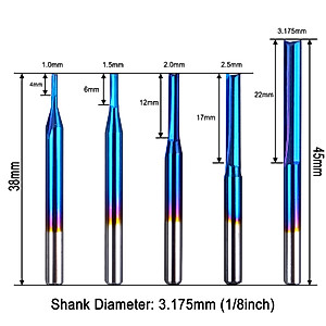 AnoleX CNC Router Bit Kits, 1/8” Shank Straight CNC Bits Nano Blue Coating Carbide Engraving Tool End Milling Cutter| 1/1.5/2/2.5/3.175mm, 10PCS