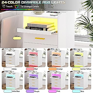 Gurexl RGB Nightstand with Wireless Charging Station, Auto Sensor LED 24 Color Dimmable Night Stand for Bedroom, Modern Bedside Table with 3 Drawers