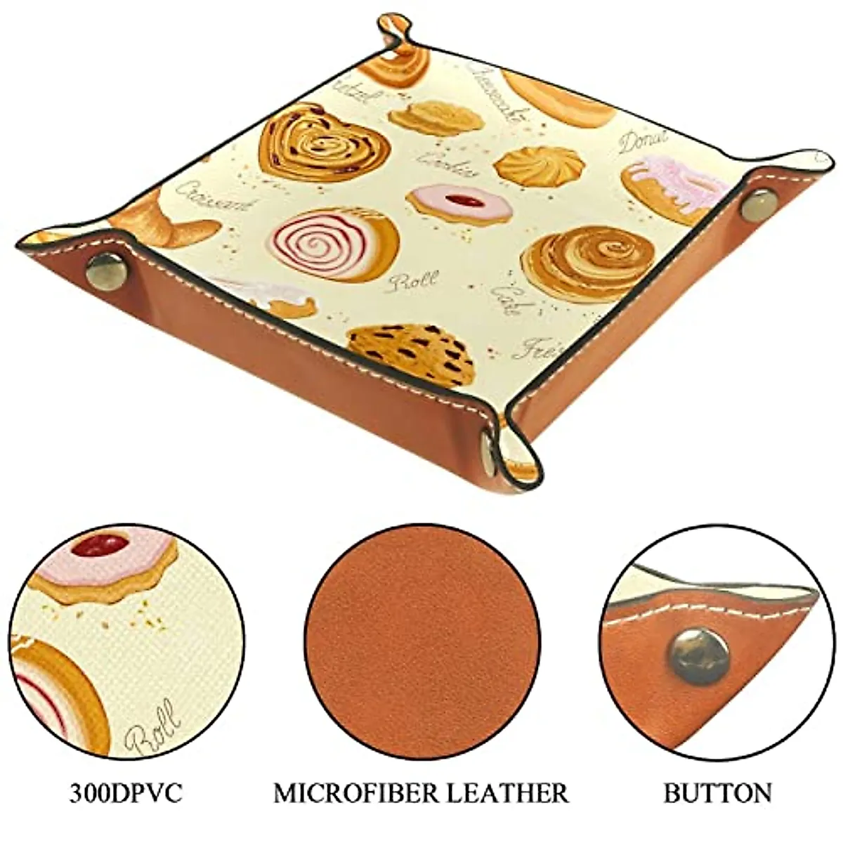 Leather Valet Tray, Dice Tray Folding Square Holder, Dresser Organizer Plate for Change Coin Key, Cartoon Cake Donut Bread