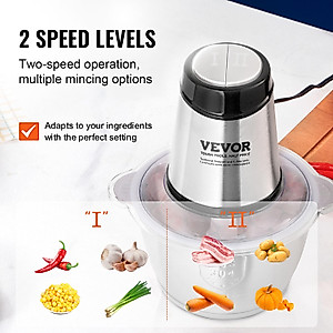 VEVOR Food Processor, Mini Electric Chopper 400W, 2 Speeds Electric Meat Grinder, Stainless Steel Meat Blender, for Baby Food, Meat, Onion, Vegetables, 8 Cup