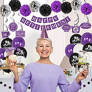 Retirement Party Decorations Purple Black, Xourspaty Retirement Decorations Supplies for Women Female Friends Happy Retirement Banner Latex Balloons with Hanging Swirls Paper Pompoms Cake Toppers Kit