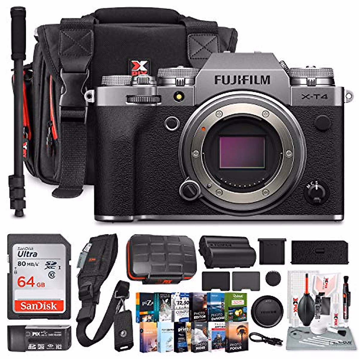 Fujifilm X-T4 Mirrorless Digital Camera (Silver) with 64GB Memory Card, Essential Accessories, and Professional Photo and Video Editing Software Bundle