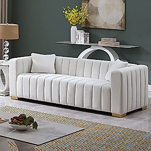 Familymill 87'' Modern Premium Velvet 3-Seater Sofa Couch with Metal Base Legs and 2 Pillows for Living Room/Bedroom, Ivory White