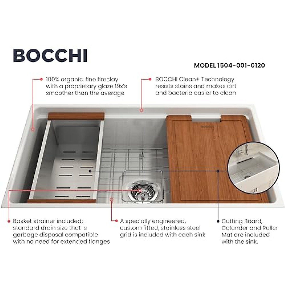 BOCCHI Contempo Workstation Apron Front Step Rim Fireclay 33 in. Single Bowl Kitchen Sink with Accessories in White
