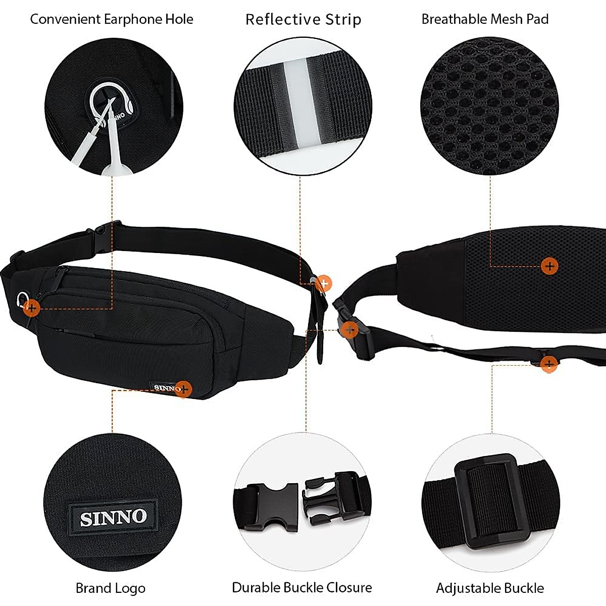 SINNO Black Mens Fanny Packs for Women Fashionable Waterproof Gifts for Running Sport Workout Hiking Travel Crossbody Plus Size Waist Pack Phone Bag Wallets Purse Carrying All Phones