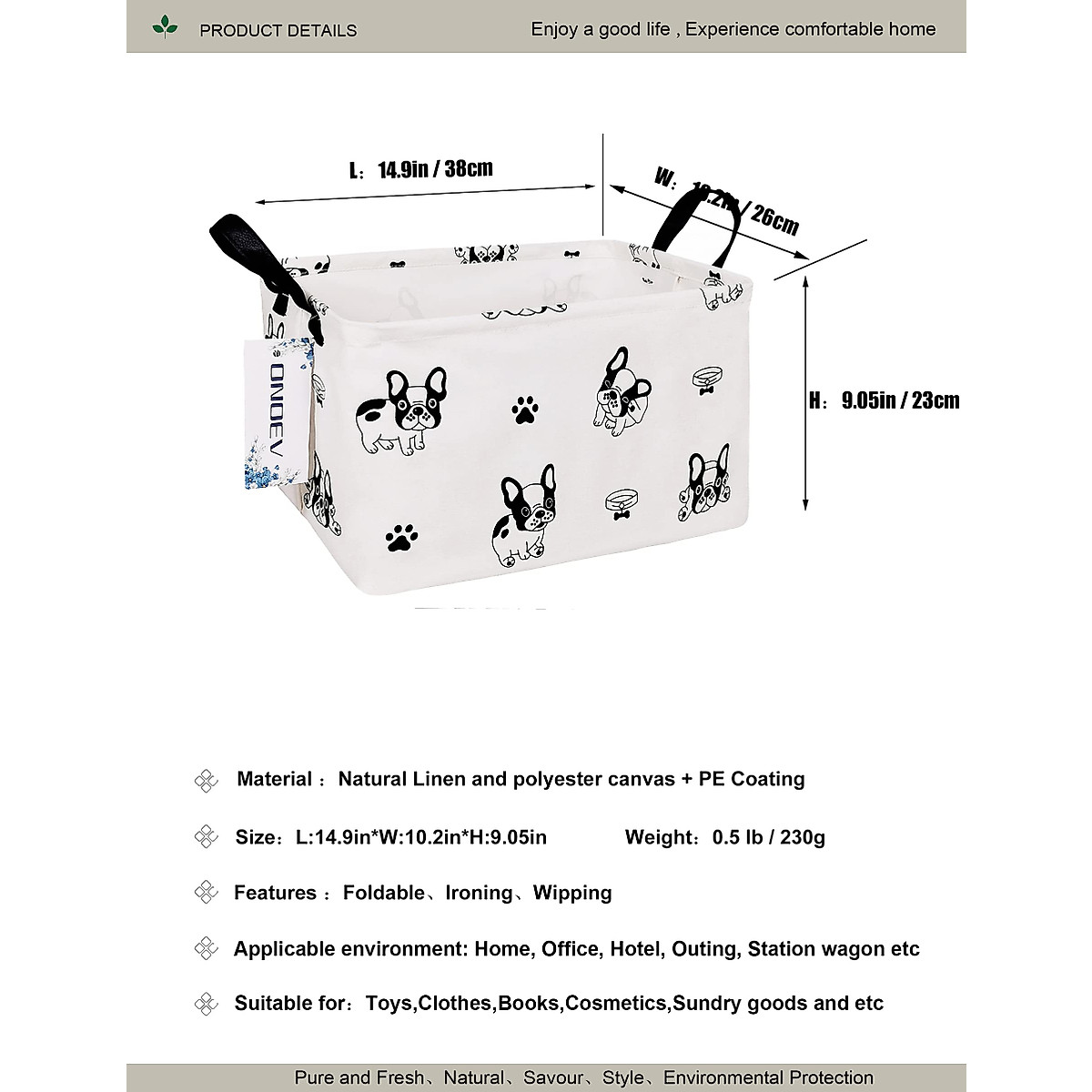 ONOEV Rectangular Fabric storage box, decorative basket and finishing basket with handle are used for the storage of clothes, books and sundries (Bulldog) 14.9’’L ×10.2’’W×9.05’’H inches