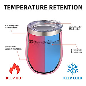 FristChoice 12 oz Insulated Wine Tumbler with Lid and Straw,Stainless Steel Stemless Wine Tumbler Glasses Double Wall Vacuum Wine Cups Tumbler Bulk for Coffee,Champaign,Cocktail,Office（Pink,1）