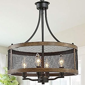 LALUZ Farmhouse Chandelier, Dining Room Light Fixture, Drum Chandeliers, 16” Width, Oil Black & Wood Painted Finish