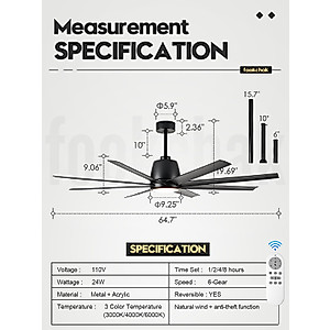 FookChak 65in Black Large Ceiling Fan with Lights 8-Blade Remote Control Outdoor Fan Light for Patio Large LED Ceiling Fan Light for Garage Gym Room Living Room