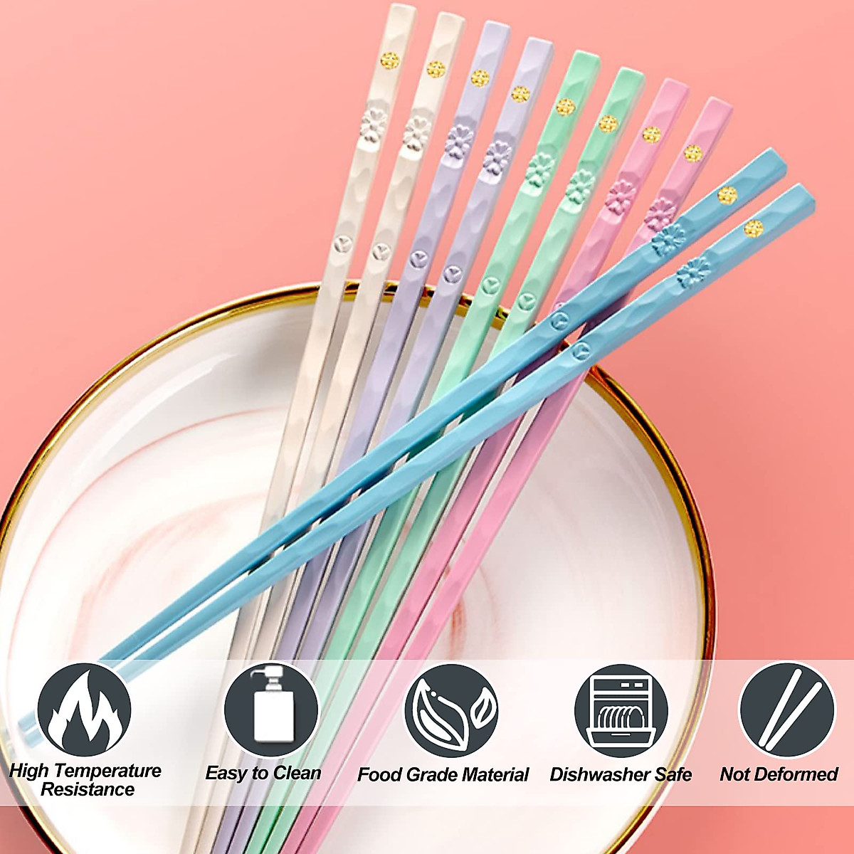 5 Pairs Fiberglass Chopsticks, Slivek Reusable Premium Japanese Chinese Korean Chopsticks Dishwasher Safe, Non-slip, Lightweight, 9.5 inches (Morandi)