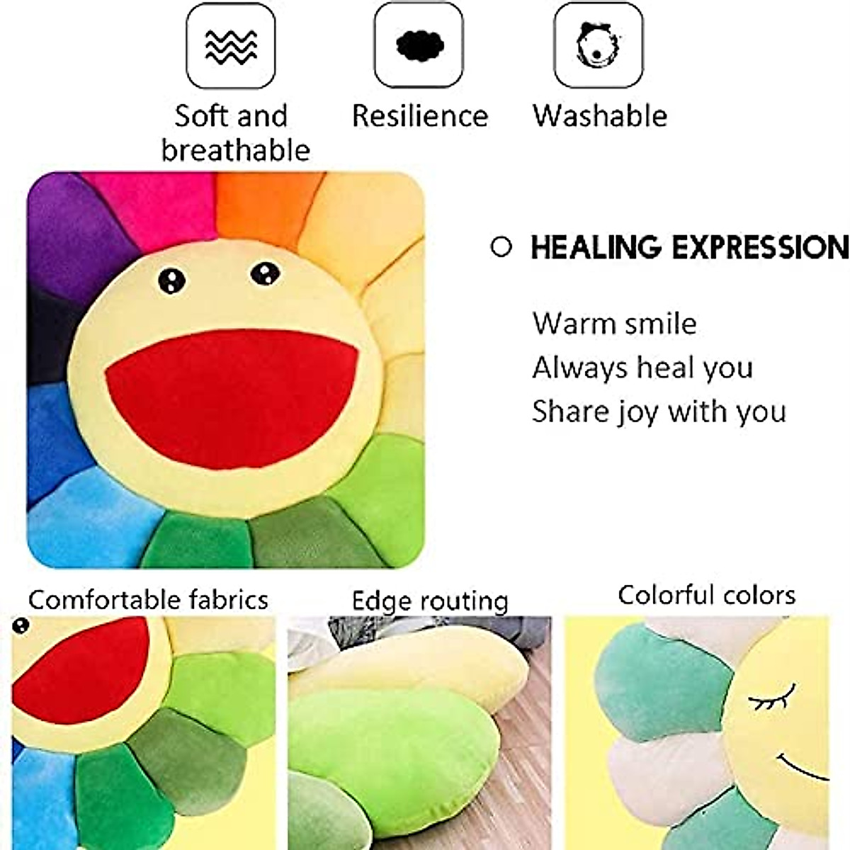 Oneshow Sunflower Pillow Soft and Comfortable Sunflower Smiley Cushion, Floral Plush Pillow, 16.5 in/42 cm Colorful Sunflower Plush Rainbow Decorative Pillow Home Bedroom Store Restaurant Decoration
