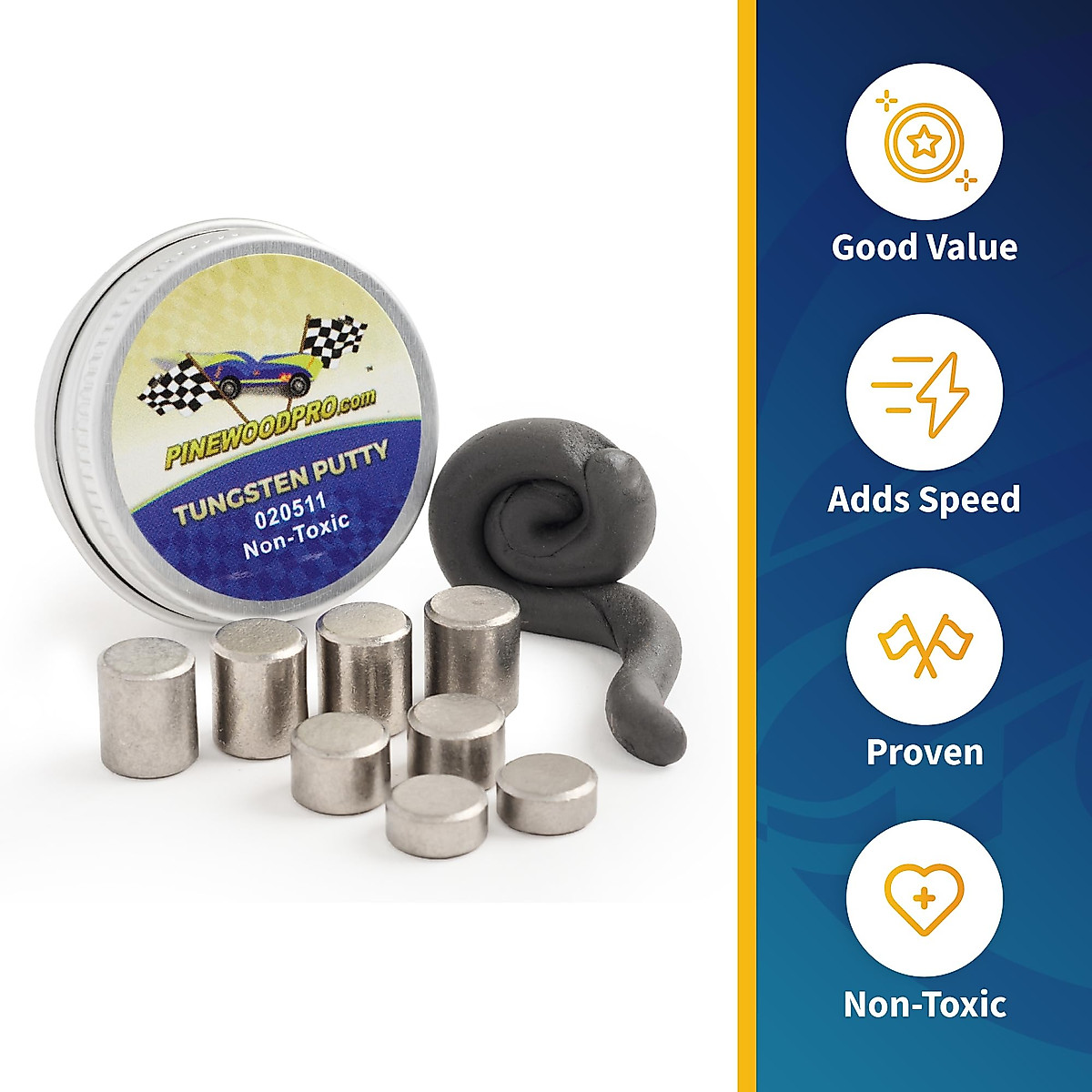 Pinewood Pro 1oz Tungsten Putty and 3oz Tungsten Cylinders - Weights for use on Derby Cars