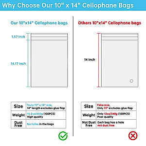 Jadairy 100 Pcs 10x14 Inches Self Sealing Cellophane Bags Clear Resealable Cello Cellophane Plastic Shirt Bags for Packaging Clothing