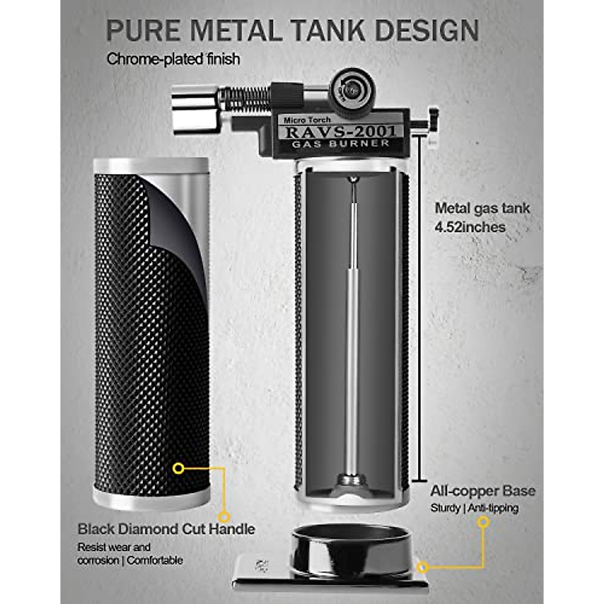 ravs Butane Torch Lighter with DUAL Flame Mode, Refillable Kitchen Torch Lighter Cooking Torch, Blow Torch with Safety Lock and Adjustable Flame, Soldering Torch for Welding, Resin Art, Industrial
