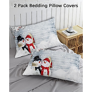 Edwiinsa Farmhouse Snowman Pillow Covers King Standard Set of 2 20x36 Bed Pillow, Plush Soft Comfort for Hair/Skin Cooling Pillowcases with Envelop Closure Throw Covers Christmas Winter Pine Leaves