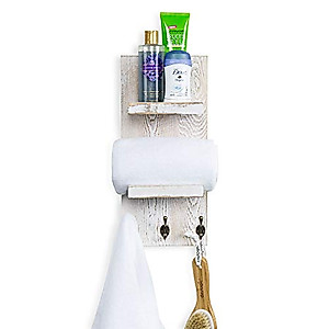 MyGift Wall Mounted White Washed Solid Wood Bathroom Shelf Rack with 2 Tier Shelves and 3 Dual Hooks, Wall Hanging Storage Display for Bath Supplies and Decor