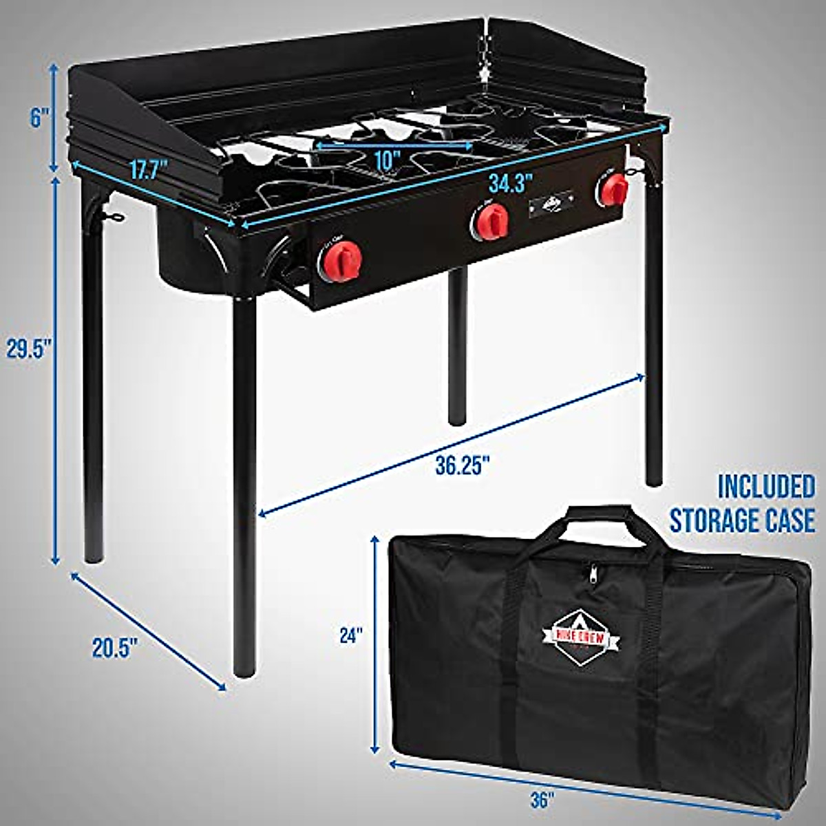 Hike Crew Cast Iron 3-Burner Outdoor Gas Stove | 225,000 BTU Portable Propane-Powered Cooktop with Removable Legs, Temperature Control Knobs, Wind Panels, Hose, Regulator & Storage Carry Case